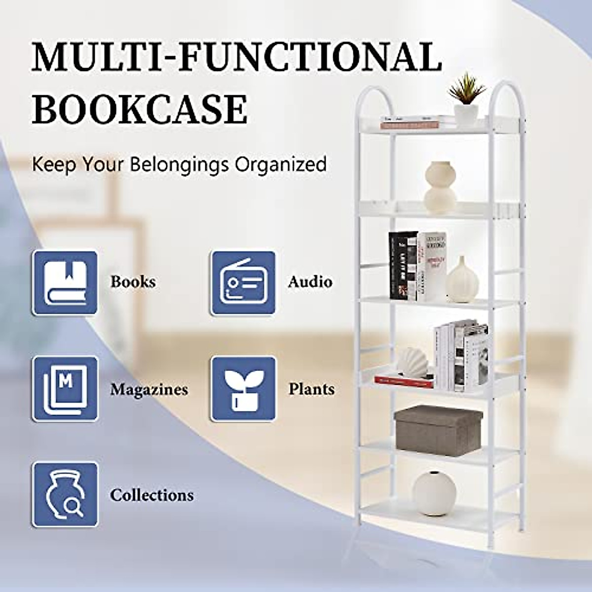 70.8 inch Tall Bookcase Book Organizer 6 Tier Industrial Rustic Bookshelf Storage Display Shelves with Round Top Frame Adjustable Foot Pad Open Metal Farmhouse Wooden Book Shelf,for Room/Office,White