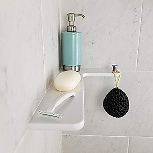 TileWare Corner Shelf for Bathroom Shower & Tub with Sponge or Loofah Hook, Bath - Floating Tile Wall Mount Shelves & Organizer Stand for Shampoo & Bathtub Accessories (Brushed Nickel - Hook)