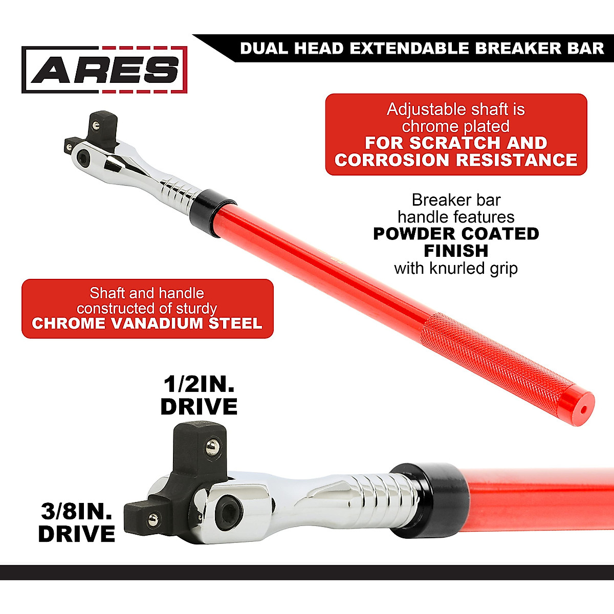ARES 40007 – 3/8-Inch Drive & 1/2-Inch Drive Dual Head Extendable Red Breaker Bar – 16-Inch to 24-Inch Extendable Length – Easy Use Twist Lock Adjustable Design