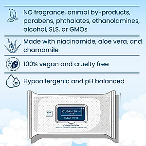 Clean Skin Club XL Premium Face Wipes, 40% Larger Than Normal Wipes, Extra Moist Makeup Removing Towelettes, 30 Count, Facial Cleansing Cloth, Fragrance Free, No Alcohol or Chemicals