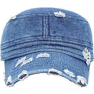 Funky Junque Military Style Cadet Hat Army Vintage Distressed Adjustable Cap - Distressed Denim