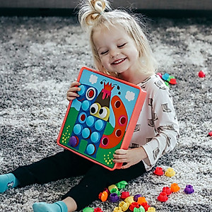 EINSTEM Button Art Toddler Toys Age 3+ Year Old, Early Learning Educational Montessori Toys Color Matching Games Mosaic Pegboard for Boys & Girls Gifts, 10 Pictures 46 Buttons and Pink Storage Box