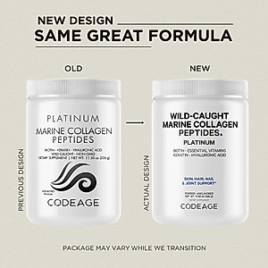 Codeage Marine Collagen Protein Powder Supplement Platinum - Biotin 10,000 mcg, Vitamin C, D3 & B6, Keratin, Hyaluronic Acid, Niacin, Wild Caught Hydrolyzed Fish Collagen Peptides - Non-GMO - 11.50 oz