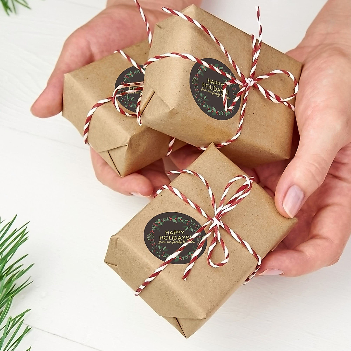 Mobiusea Creation Happy Holidays Stickers | Envelope Seals | 1.4 inch | Gold Foil | Black Wreath Christmas Stickers | Waterproof | 90-Pack for Christmas Gifts, Envelopes, Holiday Cards