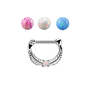 Pierced Owl 14G Sterling Silver Synthetic Opal Ball Center Feather Septum Clicker Ring (White, 8mm Diameter)