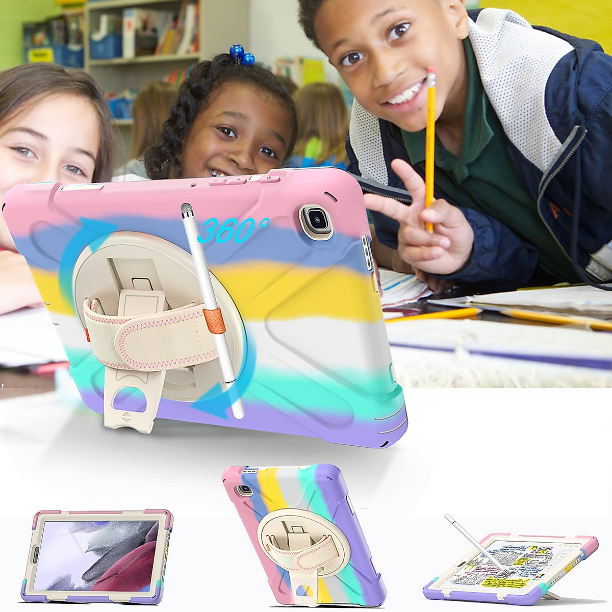 Case for Samsung Galaxy Tab A7 Lite 8.7” 2021 Case, Full-Body Drop Protection Shockproof Case with Screen Protector-Stand-Hand&Shoulder Strap for Tab A7 Lite Case - Colorful Pink