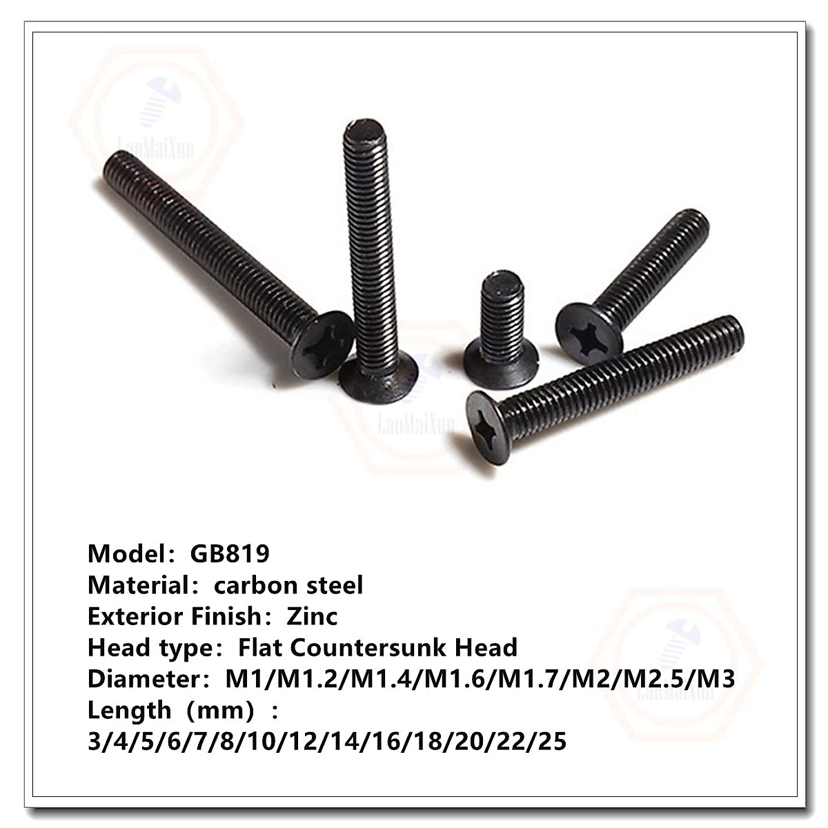 100pcs M2.5×4mm Black Carbon Steel Phillips Cross Countersunk Head (Flat Head) Screws Bolts GB819