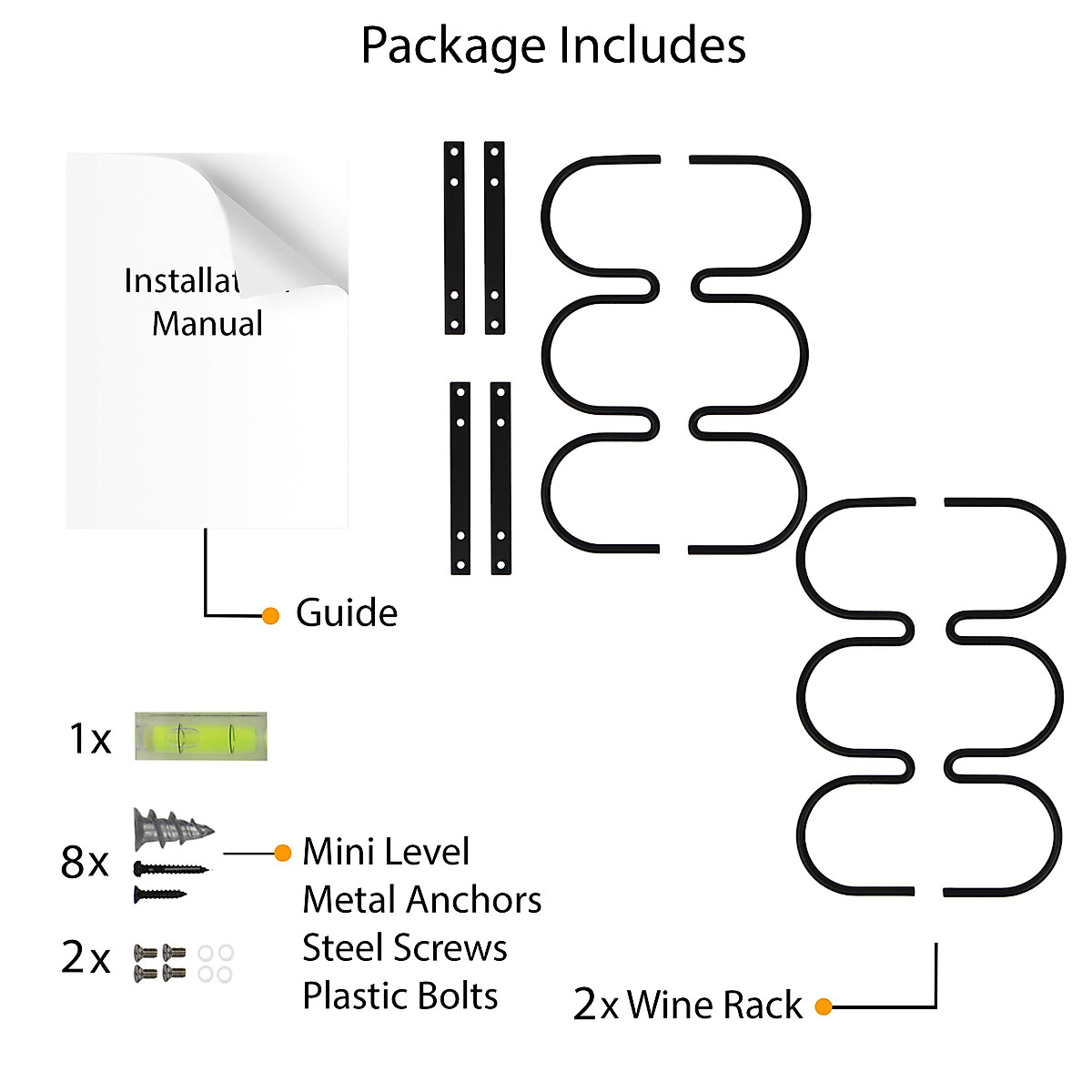 Wallniture Dijon Wine Rack Wall Mounted or Under Cabinet Organizer for 3 Liquor or Wine Bottles, Black Metal Wall Decor Set of 2