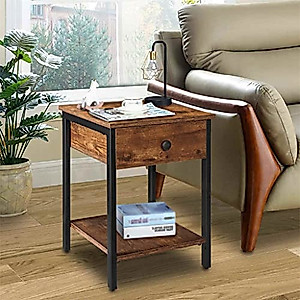 LIRUXUN 2 Tier Wooden Bedside Table with Drawers Rustic Bedroom Bedside Table with Metal Frame for Bedroom Living Room