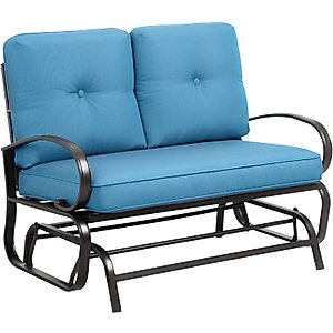 JY QAQA Patio Outdoor Metal Gliders Rocking Bench, Garden Porch Furniture Glider, Wrought Iron Chair Set with Cushion,Beach, Yard, Blue