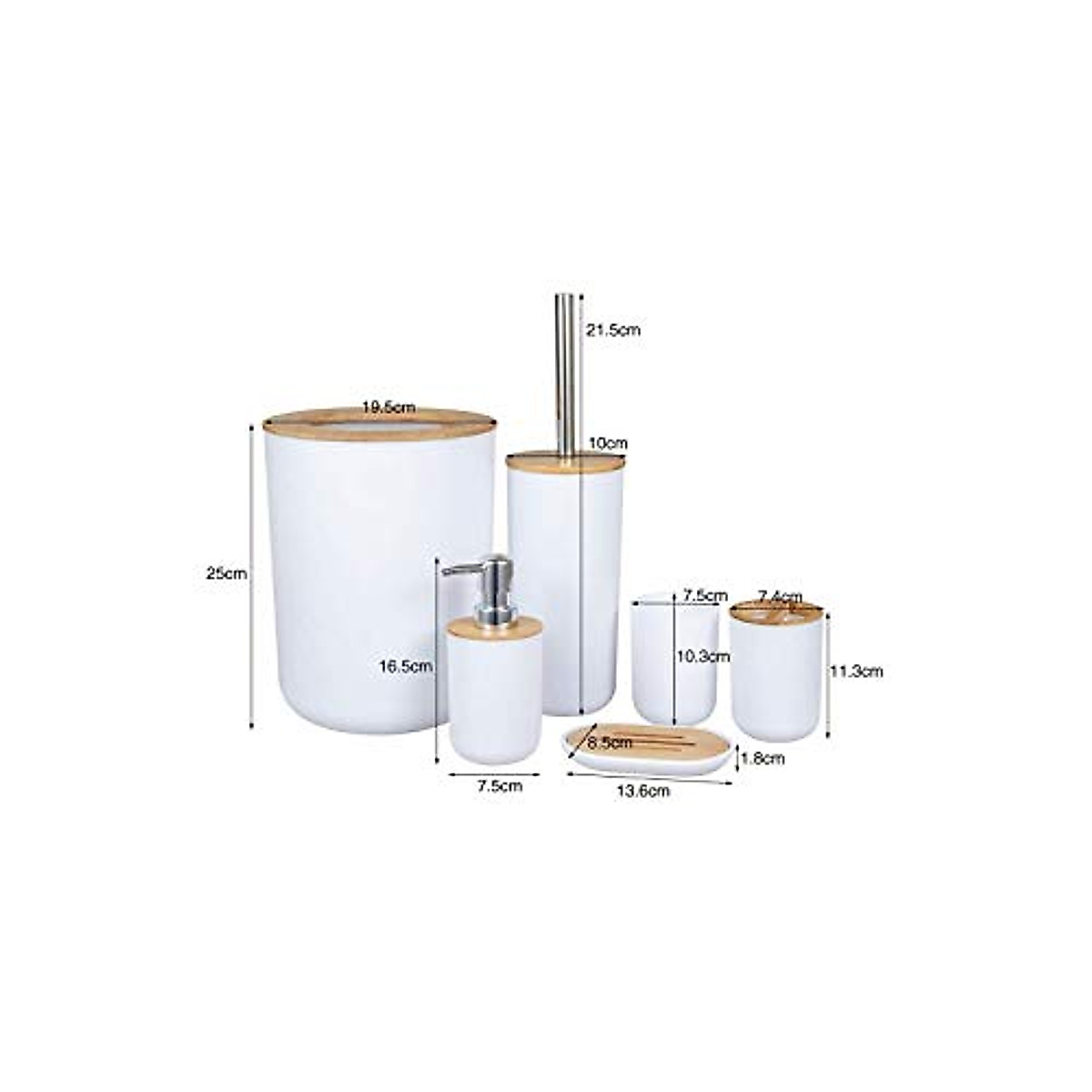 Laipi Bamboo Wooden Bathroom Accessories Set, 6 cs Gift Set Toilet Brush, Soap Dispenser, Waste Bin, Toothbrush Holder, Soap Dish Cup Set