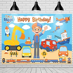 Treasures Gifted Officially Licensed Blippi Birthday Party Supplies - Blippi Backdrop Vehicle - 4.25ft Tall x 6ft Wide Blippi Birthday Backdrop - Blippi Birthday Banner - Blippi Party Decorations