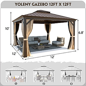 YOLENY 12' X 12' Hardtop Gazebo Galvanized Steel Outdoor Patio Gazebo Canopy Double Roof Pergolas Aluminum Frame with Netting and Curtains for Garden, Patio, Lawns, Parties