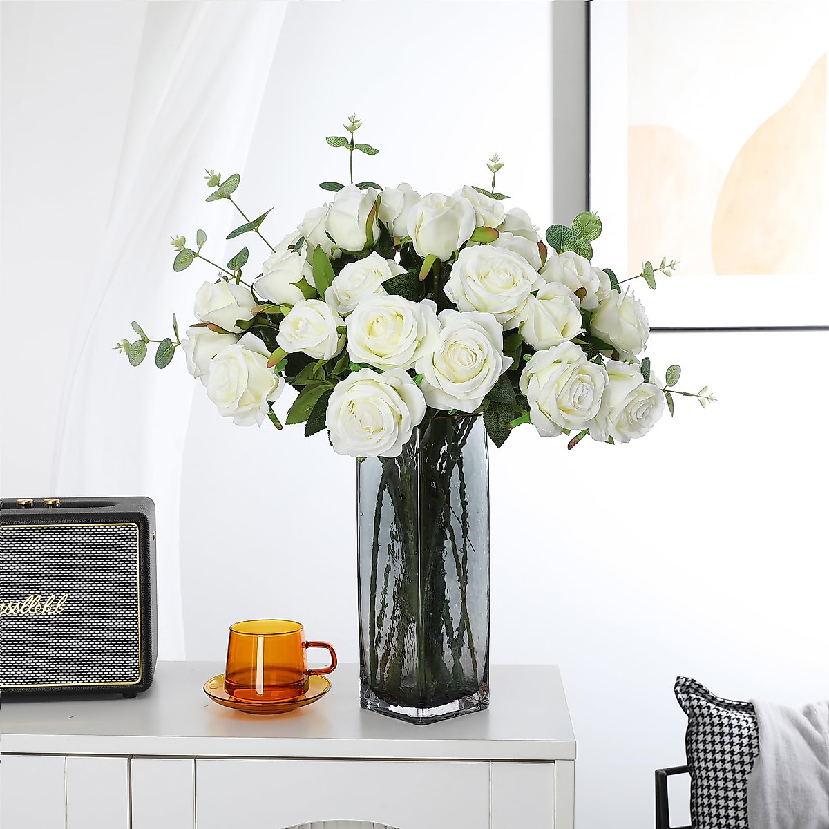 Tifuly White Roses Artificial Flowers -12 pcs Realistic Single Long Stem Fake Silk Roses Bouquet for Party Home Wedding Centerpiece Office DIY Decor（Off White）