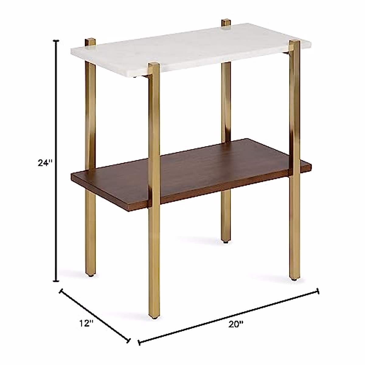 Kate and Laurel Abcott Midcentury Side Table, 20 x 12 x 24, Walnut Brown and Gold, Decorative Two-Tier Bedroom Nightstand Table with Genuine Marble Tabletop