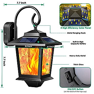 TomCare Solar Lights Outdoor Flickering Flame Metal Solar Lantern Anti-Rust Waterproof Solar Wall Lights Hanging Outdoor Lighting Solar Powered Decorative Flame Lights for Patio Porch Yard, 2 Pack
