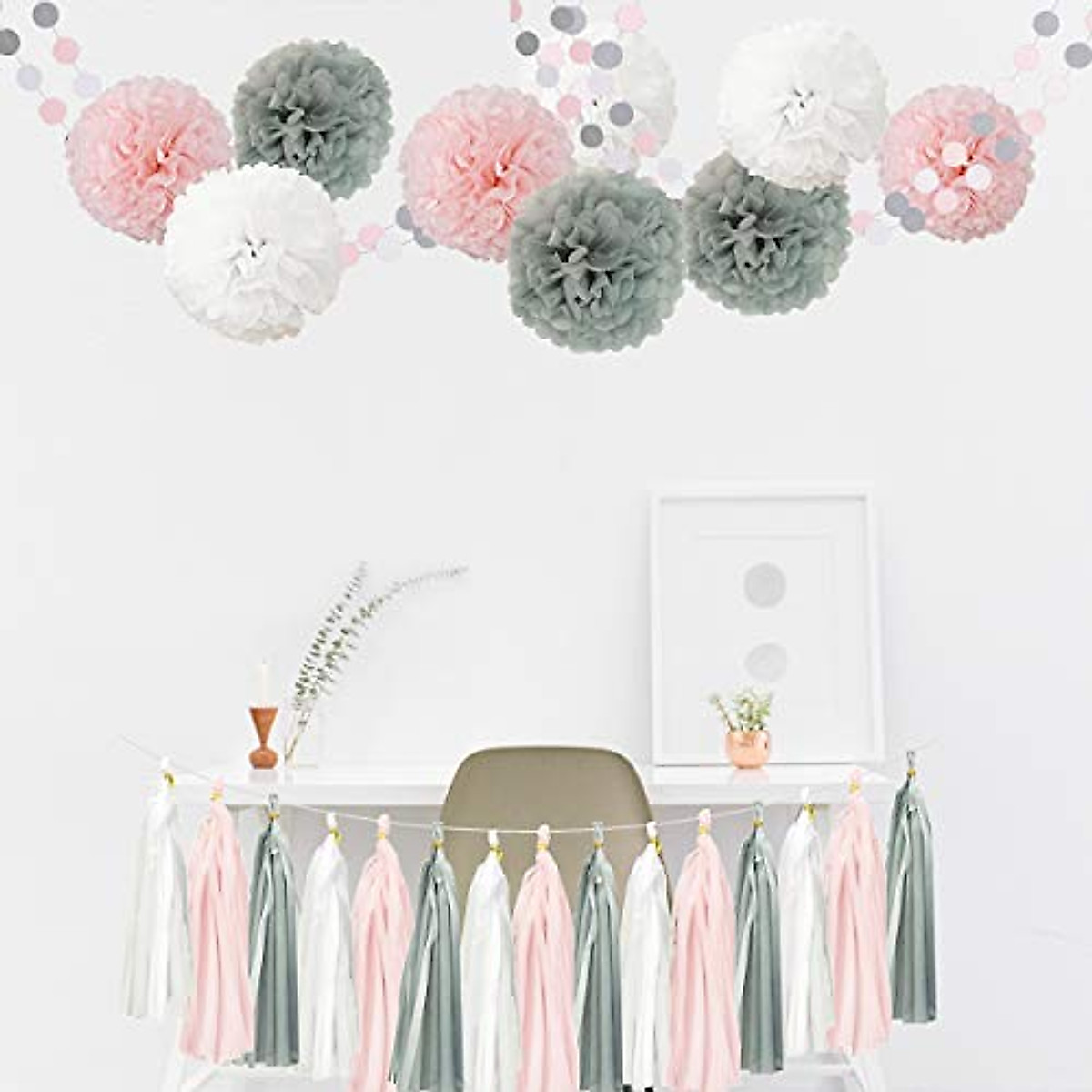InBy 26pcs Pink Grey Party Decorations Baby Shower Decoration for Girl 12" 10" 8" Tissue Paper Flower Pom Poms Tassel Garland for Wedding Birthday Bachelorette Bridal Baby Girl Shower Party Decoration