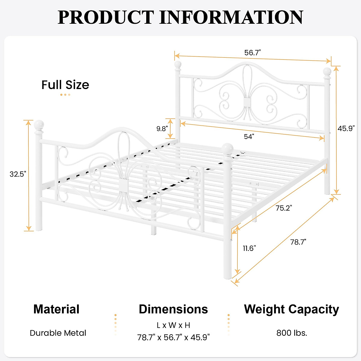 SHA CERLIN Full Size Bed Frame with Headboard,Metal Bed Frame with Butterfly Pattern Design Headboard & Footboard,No Box Spring Needed,Easy Assembly,White