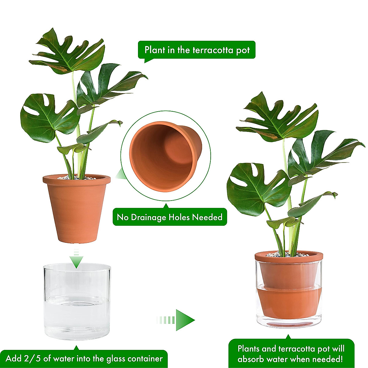 D'vine Dev 6 Inch Design Self Watering Pot for Indoor Plants, Terracotta Planter with Cylinder Glass Cup, Set of 2, 372-B-2