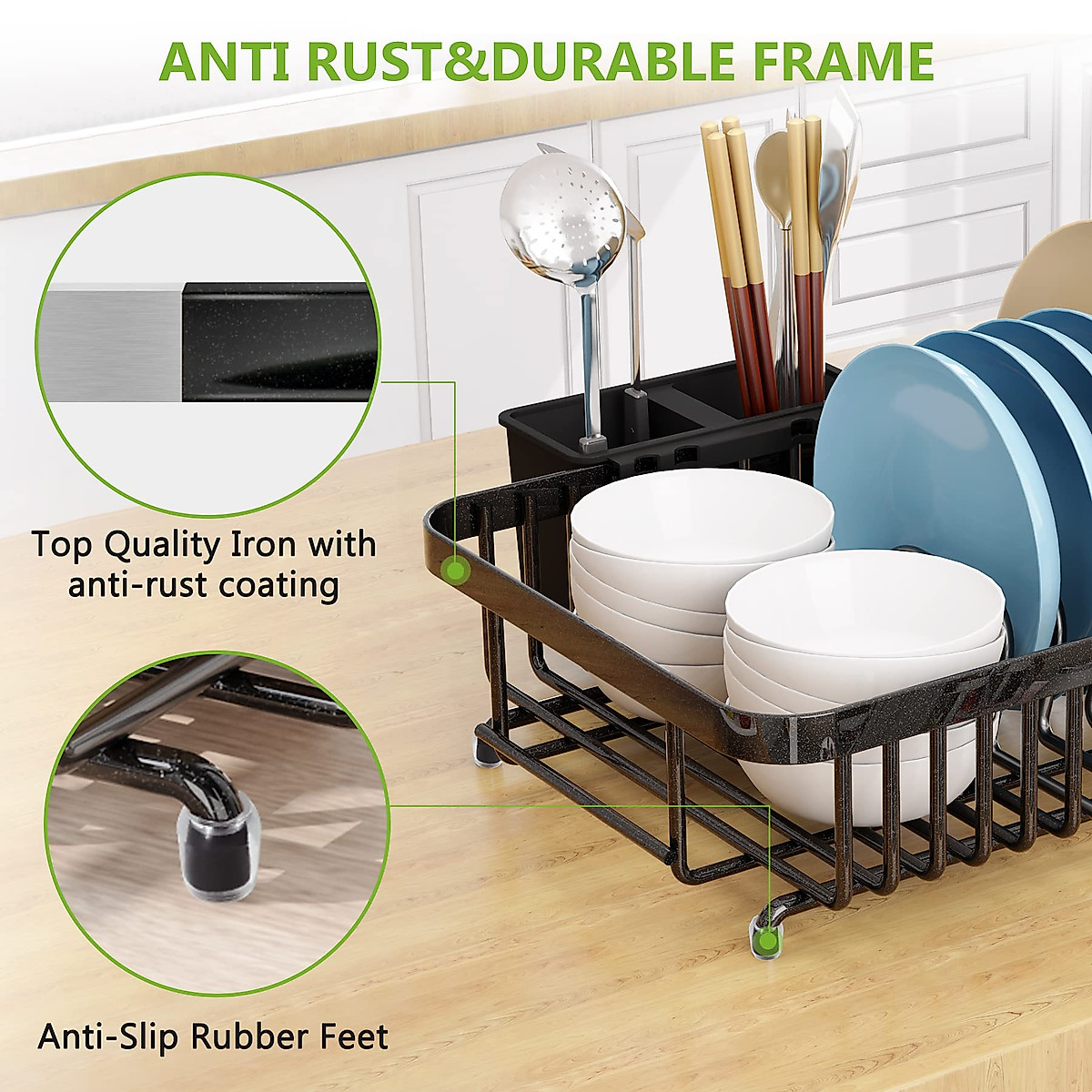 1Easylife Dish Drying Rack with Anti Rust Frame, Small Dish Drainer Rack for Kitchen Counter, Sink Dish Rack on Counter with Utensil Holder and Non-Slip Rubber Feet Rustproof for Organizer Storage