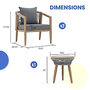 SUNSITT 3 Piece Patio Furniture Set, Aluminum Outdoor Bistro Set w/Wood Grain, Woven Rope Bistro Table and Chairs Set of 2, Patio Conversation Bistro Sets w/Grey Cushions for Balcony, Porch, Backyard