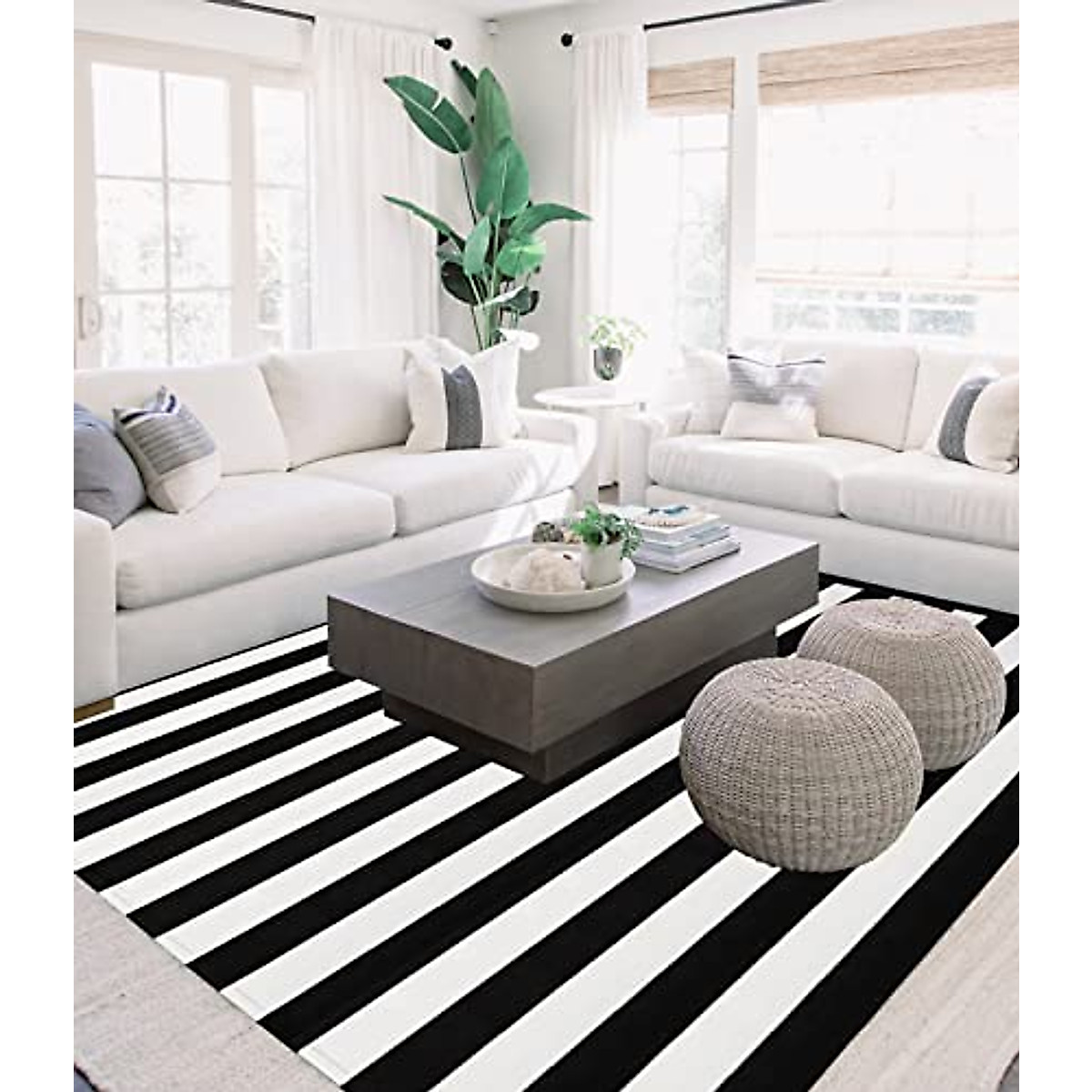 Ckorzen Cotton Black and White Striped Rug 8x10 Reversible Hand-Woven Washable Retro Lattice Striped Outdoor Rugs Black and White Area Rug for Kitchen, Dining Room, Bedroom, Living Room