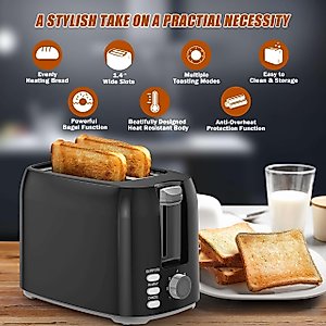 2 Slice Black Toaster with Wide Slots, Bagel Function, 7 Shade Settings, Removable Crumb Tray - Compact Prime Rated Toaster for Bread, Waffles