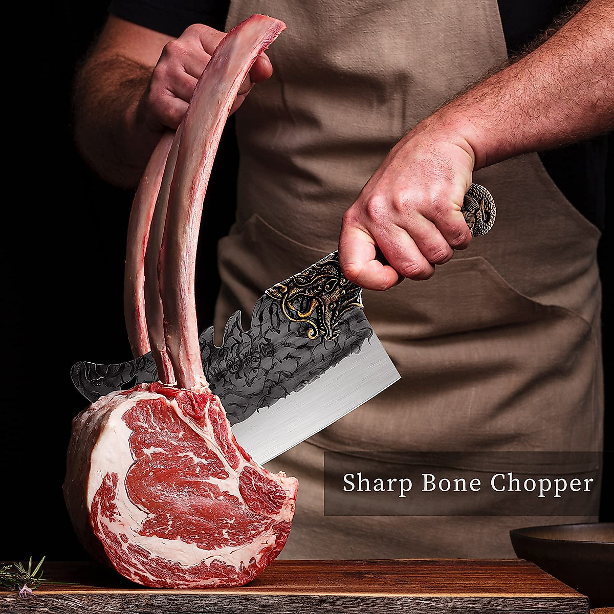 ROCOCO Meat Cleaver Bundle with Multifunctional Boning Butcher Knife Outdoor Viking Gift Men BBQ Camping Hunting Hiking