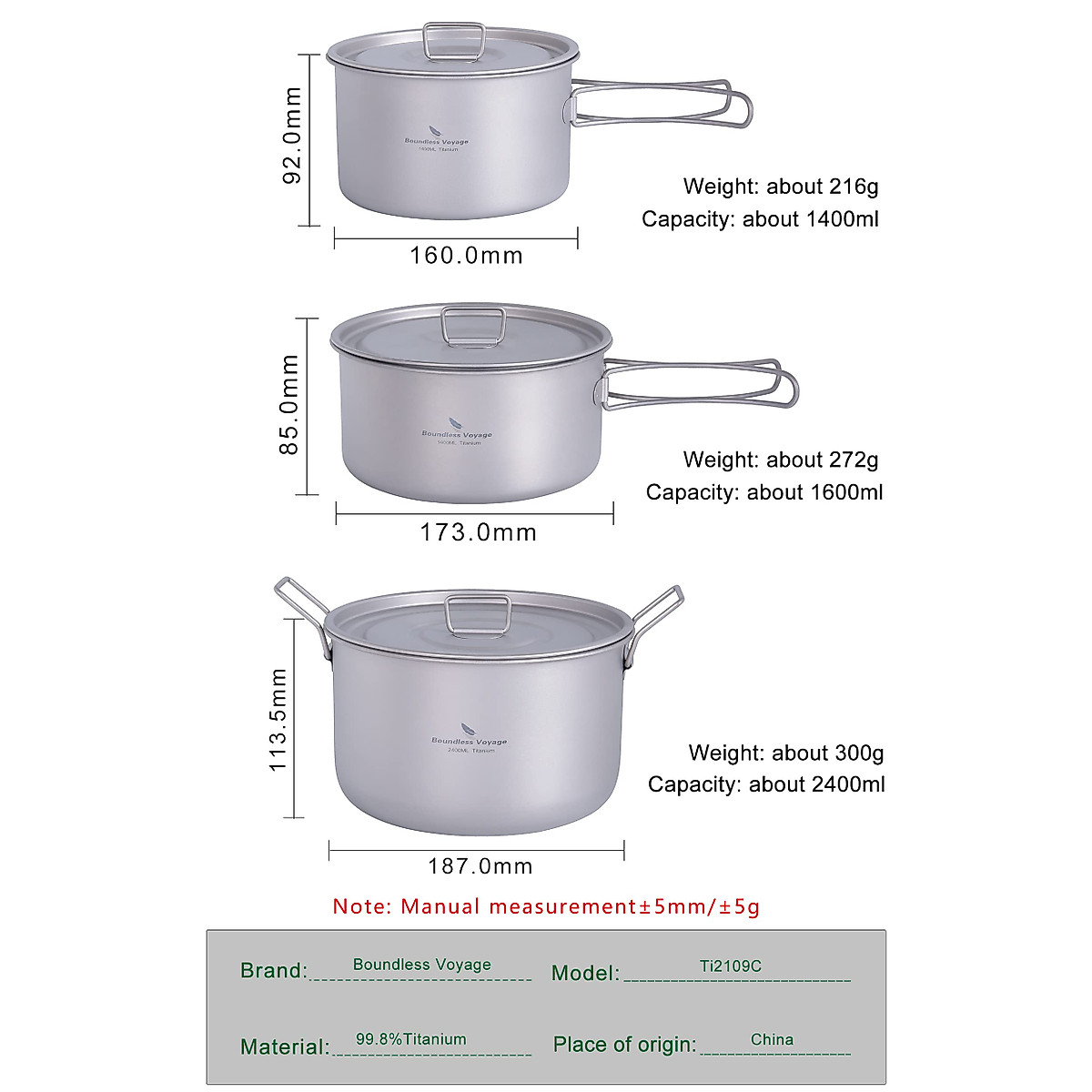Boundless Voyage Titanium Pot Portable Camping Cookware Lightweight Cooking Pot Set for Outdoor Cooking Traveling Backpacking Hiking Trekking Picnic (3 Pcs Set)