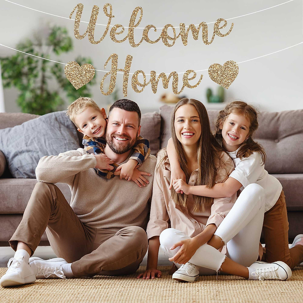Pre-strung Welcome Home Banner - No DIY - Gold Glitter Script Welcome Home Banner - Pre-strung on 6 ft Strand - Housewarming, Homecoming, & Military Return Party Decorations. Did We Mention No DIY