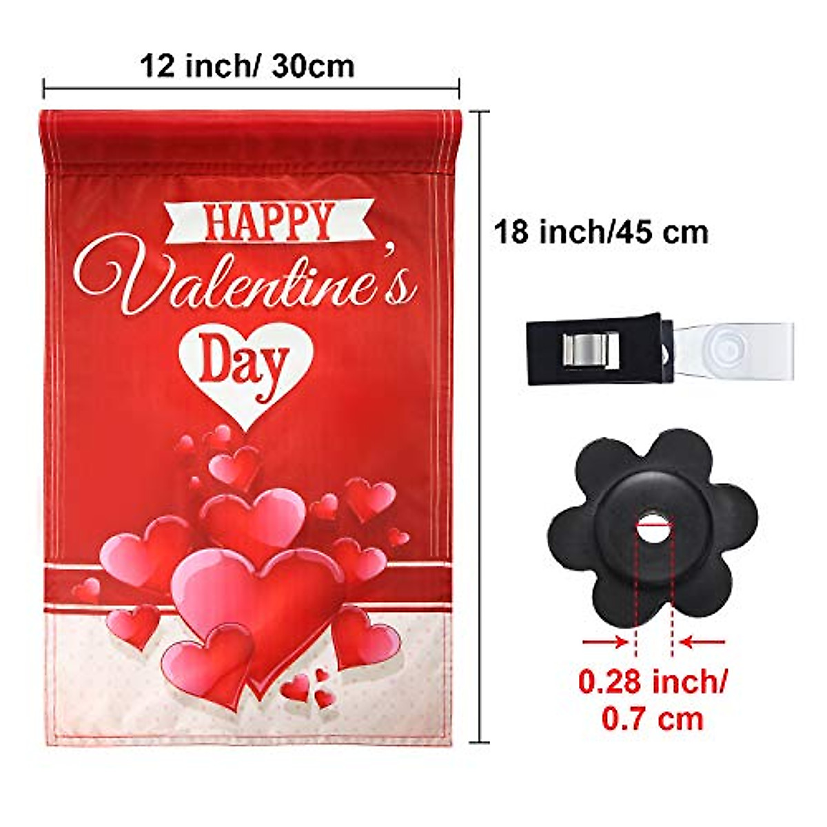 Happy Valentines Day Garden Flag Double Sided Decorations Heart Garden Flag with 1 Rubber Stopper and 1 Clear Anti-wind Clip for Garden Valentines Day Party Supplies, 12 x 18 Inch
