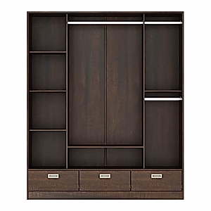 Homsee Large Wardrobe Armoire with 4 Sliding Doors, 3 Drawers, Hanging Rods & Storage Shelves, Wooden Closet Storage Cabinet with Silver Handles for Bedroom, Brown (59.1”W x 20.9”D x 70.9”H)