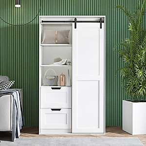 SZUBEE 71-Inch High Wardrobe and Cabinet with Classic Sliding Barn Door-Armoscope Locker for Bedroom, Cloakroom, Living Room, Antique White