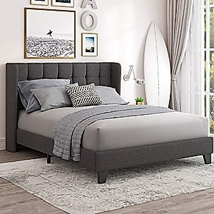 Einfach Full Upholstered Wingback Platform Bed Frame with Headboard/Mattress Foundation with Wood Slat Support and Square Stitched Headboard/No Box Spring Needed/Easy Assembly, Dark Grey