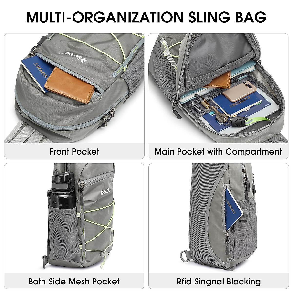 G4Free Sling Bag Backpack RFID Blocking Crossbody with Front Pocket Hiking Daypack Outdoor Chest Bag for Women Men Grey