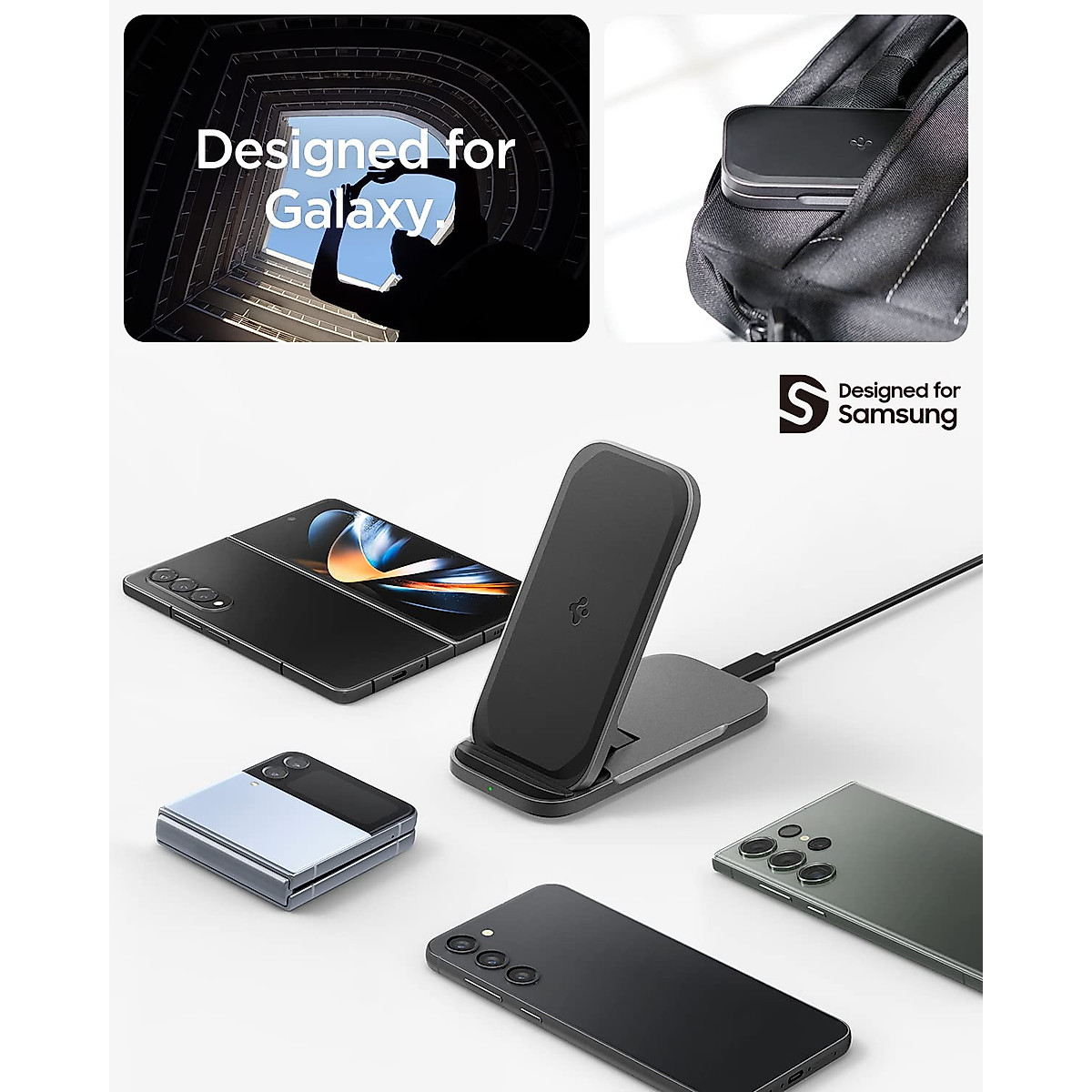 Spigen [Designed for Samsung] Qi Flex True 15W Super Fast Wireless Charger Stand & Pad for Samsung Galaxy S24 Plus Ultra S23 Z Fold Flip 5 4 S22 Note 20 S21 S20 Note 10 and More [No Adapter Included]