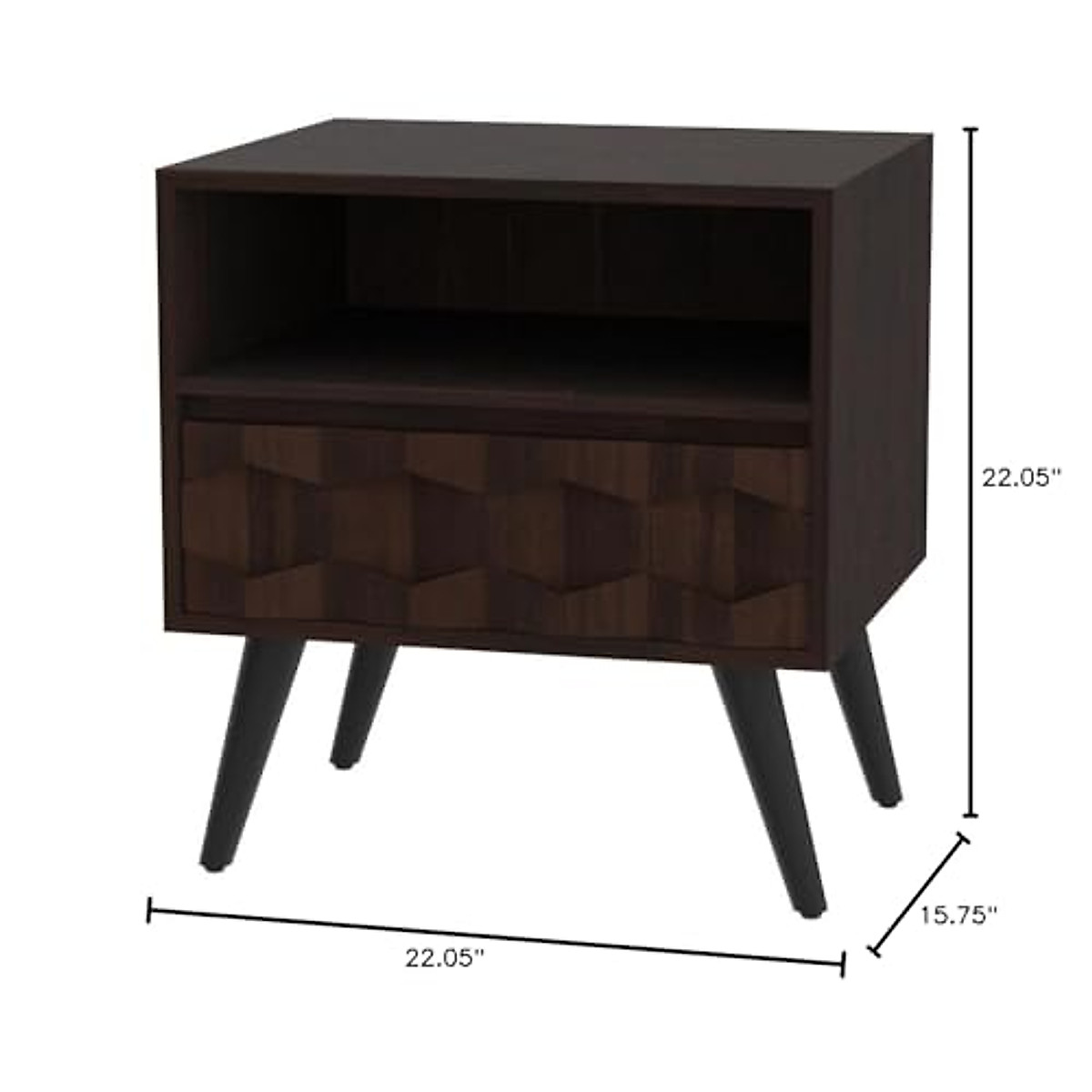 Bme Georgina Solid Wood Nightstand With 1 Drawer & Open Shelf- Fully Assembled Mid Century Modern Side Table - Geometric Pattern Bedside Dresser for Bedroom and Living Room