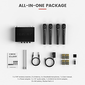 Phenyx Pro Wireless Microphone System, 4 Channel VHF Wireless Mics, w/ 4 Handheld Dynamic Microphones, Metal Receiver, Long Range, Microphone for Singing, Karaoke, Church (PTV-2000A)