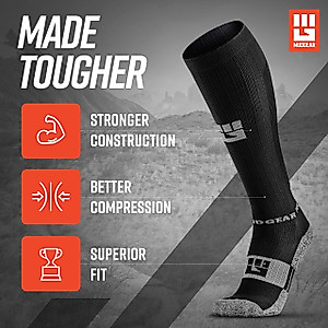 MudGear Compression Socks - Graduated Compression Socks for Women & Men for Sport, Running, Flight, Pregnancy, Circulation and Recovery - Black/Gray Large Long Compression Socks with 15-20 mmhg