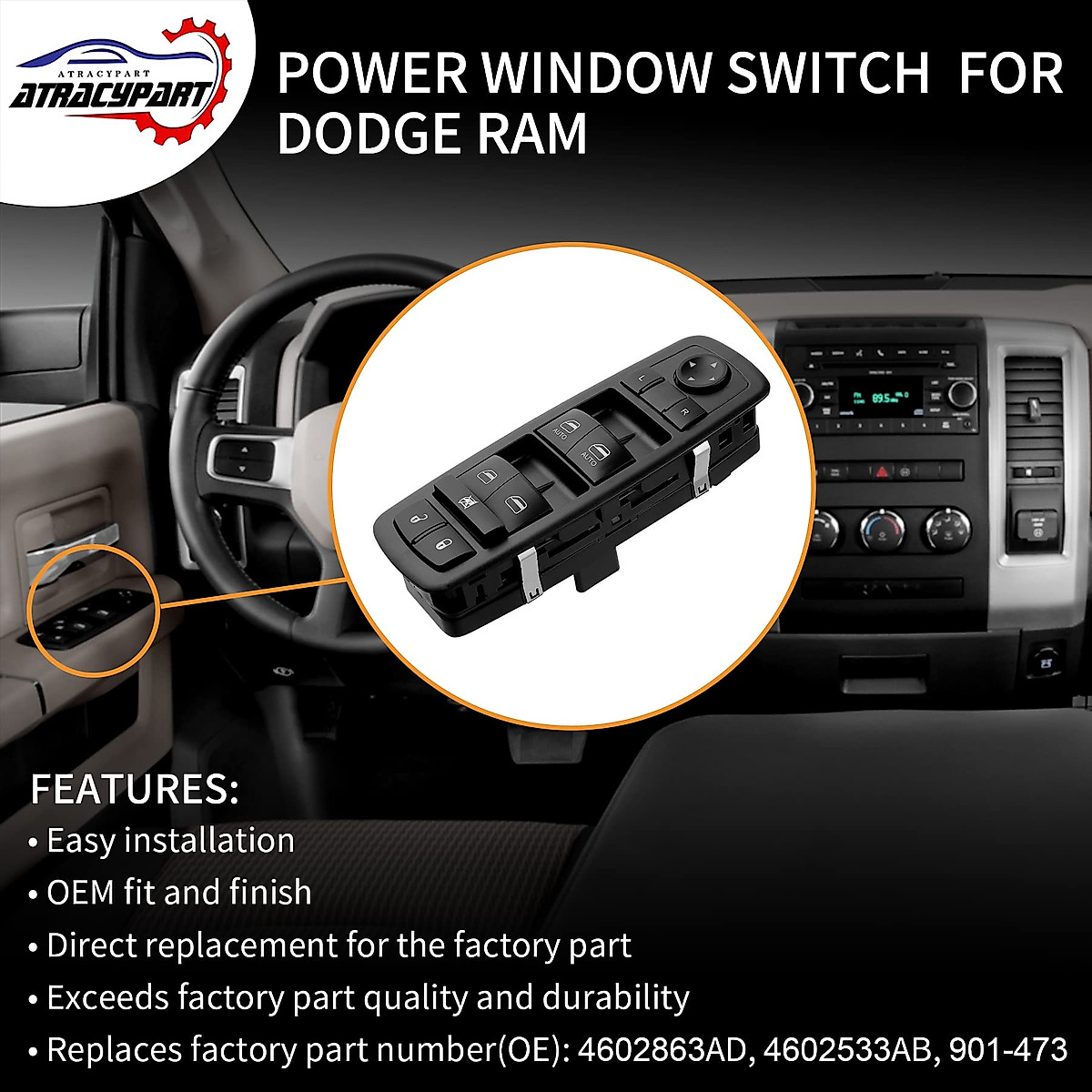 Master Power Window Switch | Compatible with 2009-2012 Dodge Ram 1500 2500 3500 | Replaces# 4602863AD, 4602533AB, 4602533AE, 901-473