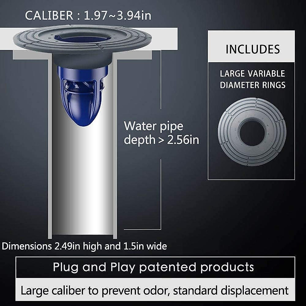 Shower Drain Floor Drain Backflow Preventer Magnetic Levitation One-Way Drain Valve Fast Drainage Shower plug Insert Drain Plug Fit for Tube Depth 2.56-4.13in (Caliber（2-3.9in）,Depth 3,15in)