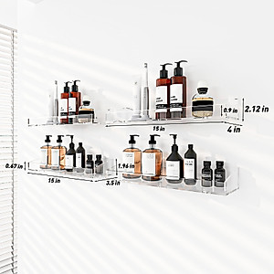 KSacry 4 Pack Acrylic Shelves for Wall Storage, 15" Floating Bookshelves for Kids, Display Shelf Organizer for Bathroom, Bedroom, Living Room, Kitchen, Room Decor, Clear