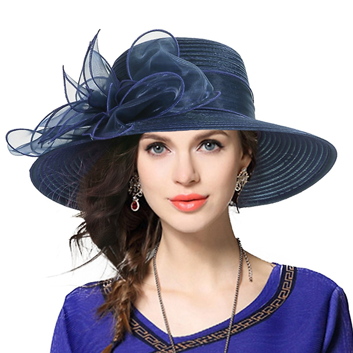 Kentucky Derby Dress Church Cloche Hat Sweet Cute Floral Bucket Hat (Leaf-Navy), Medium