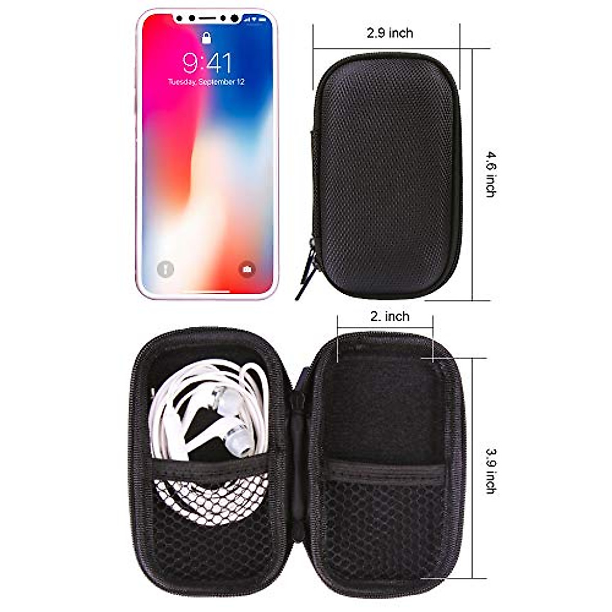 Portable Hard EVA Case, Hootek Protective Hard Shell Travel Carrying Case Bag with Dual Zipper and Metal Carabiner for MP3 Players, USB Cable, Earphones, Memory Cards, U Disk, Lens Filter, Keys, Coins
