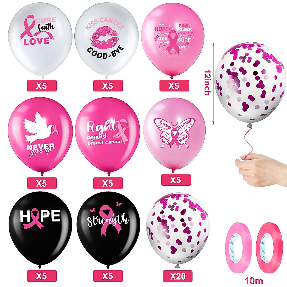 60 Pieces Breast Cancer Awareness Balloons, Pink Ribbon Latex Balloons Breast Cancer Party Decorations Transparent Confetti Glitter Balloons for Pink Ribbon Walk Charity Theme Party Supplies,12 Inch