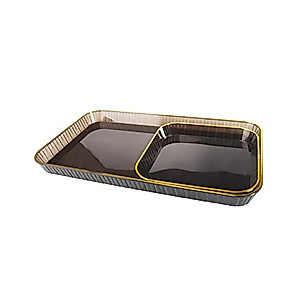 Non-Slip Rectangular+Square Plastic Serving Tray Coffee Table Trays (12x7/6 Inch ) with Gold Border for Kitchen Coffee Table Decor Storage Accessories(Brown)
