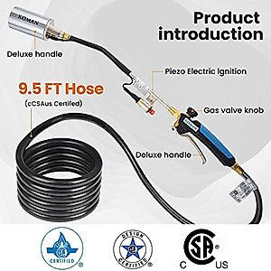 Heavy Duty Weed Torch Burner,Propane Torch Weed Burner (CSA Certified),Flamethrower with 9.8 FT Hose,500,000 BTU, Self Igniting Flame Weeder for Weeding,Roof Asphalt,Ice Snow,Welding,Road Marking