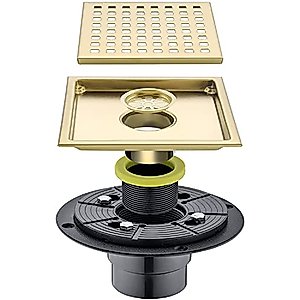 SEABEFORE 6-inch Brushed Stainless Square Shower Floor Drain Kit with Tile Insert Grate Removable Multipurpose Invisible Look or Flat Cover, with Threaded Adapter