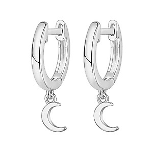 PAVOI Rhodium Plated 925 Sterling Silver Post Celestial Dangle Huggie Hoop Earrings For Women - Trendy Moon Hoop Earrings - Small Hinged Huggies