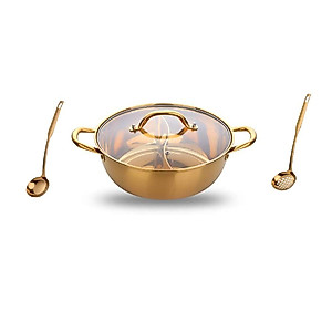 Color ME! 12 Inch 18/8 Stainless Steel Shabu Shabu Hot Pot with Divider Color Me Chinese Induction Shabu Shabu Pot with Glass Lid Dual Sided Stockpots (Gold)